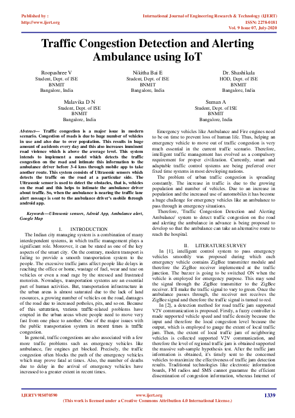Pdf Ijert Traffic Congestion Detection And Alerting Ambulance Using Iot