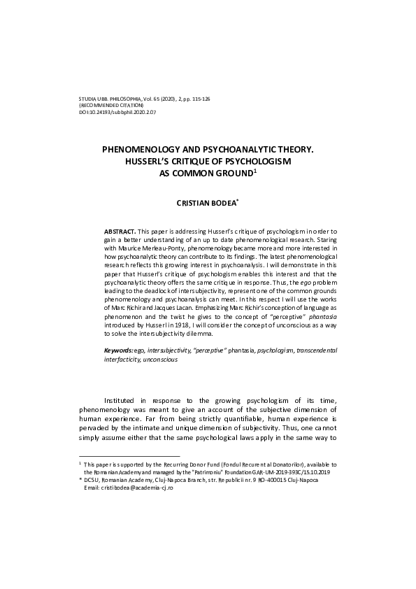 (PDF) Phenomenology and Psychoanalytic Theory. Husserl’s Critique of ...