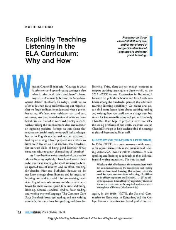 (PDF) Explicitly Teaching Listening in the ELA Curriculum: Why and How