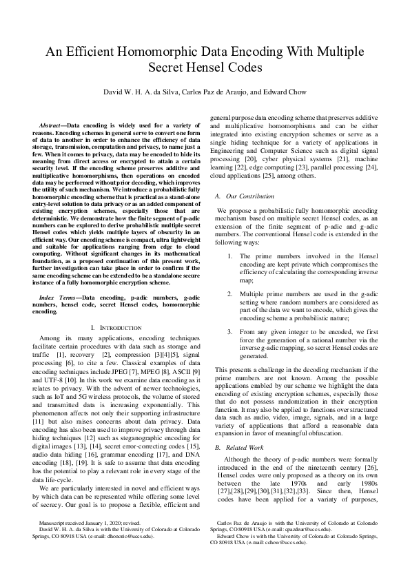 (PDF) An Efficient Homomorphic Data Encoding With Multiple Secret Hensel Codes