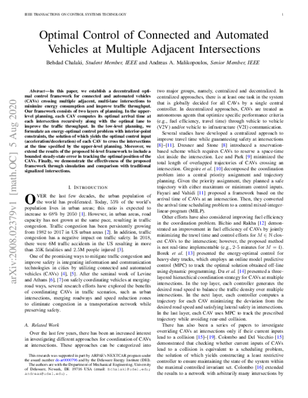 Pdf Optimal Control Of Connected And Automated Vehicles At Multiple Adjacent Intersections