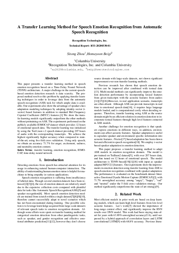 (PDF) A Transfer Learning Method for Speech Emotion Recognition from Automatic Speech Recognition