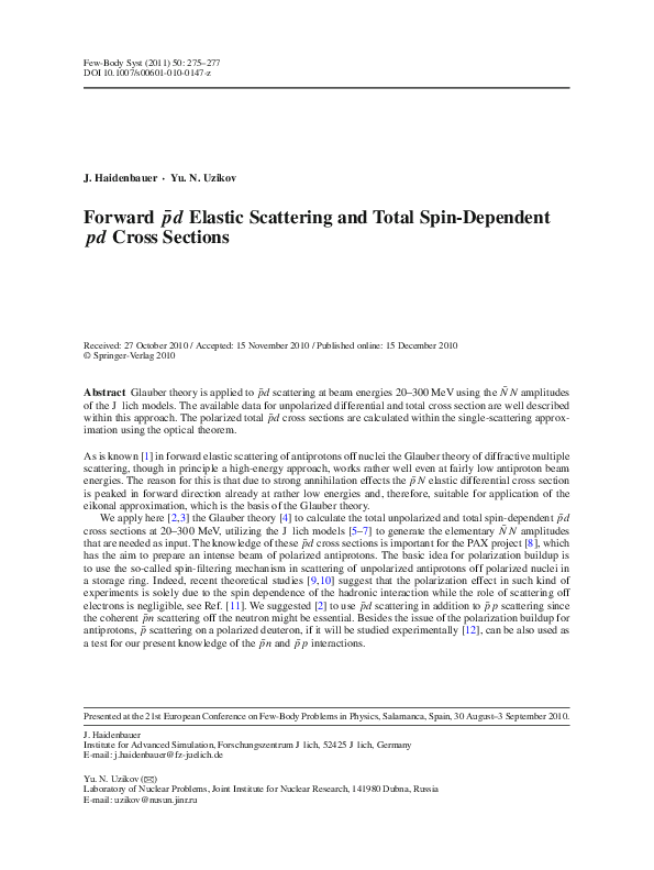 (PDF) Forward $${{\bar p} d}$$ Elastic Scattering and Total Spin ...