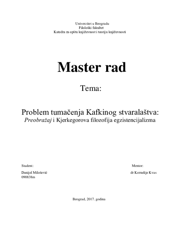(PDF) Master rad – Problem tumačenja Kafkinog stvaralaštva: Preobražaj ...