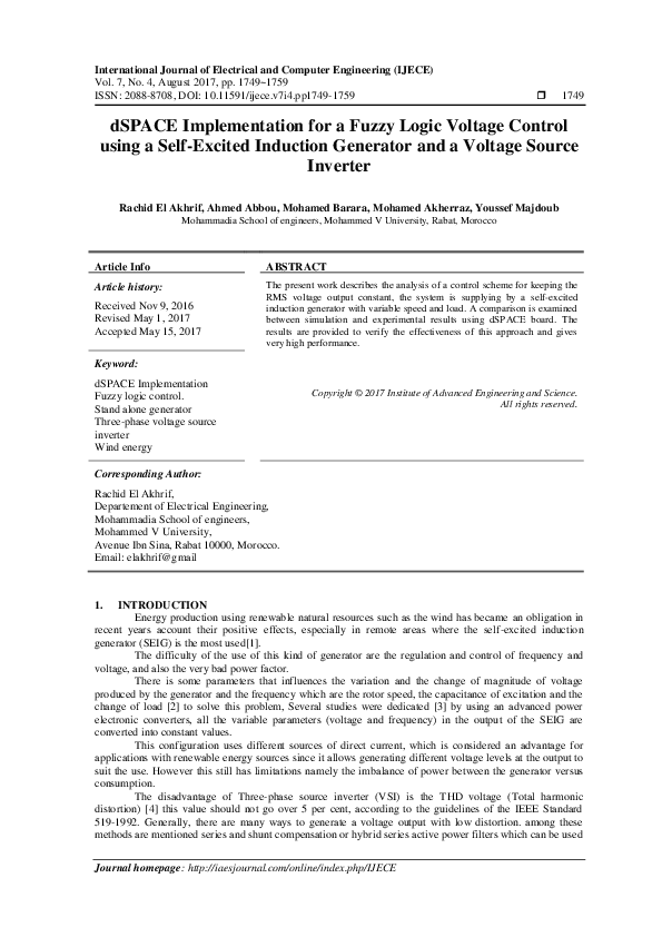 Pdf Dspace Implementation For A Fuzzy Logic Voltage Control Using A