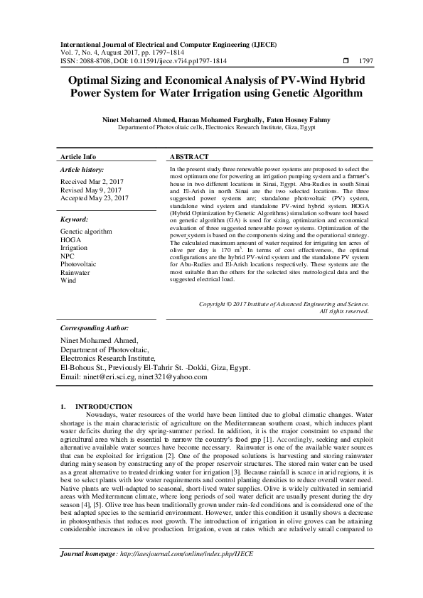(PDF) Optimal Sizing and Economical Analysis of PV-Wind Hybrid Power System for Water Irrigation ...