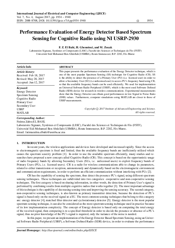 Pdf Performance Evaluation Of Energy Detector Based Spectrum Sensing For Cognitive Radio Using