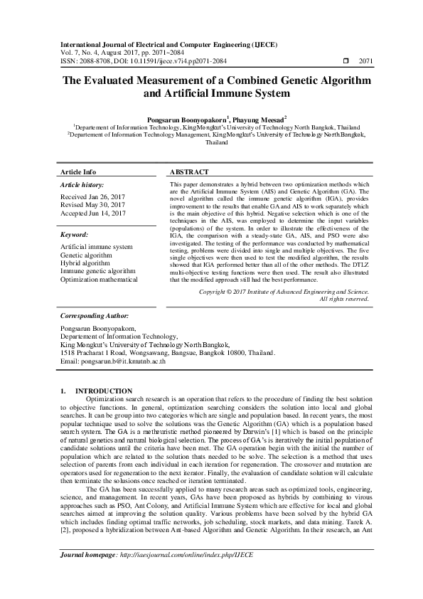 Pdf The Evaluated Measurement Of A Combined Genetic Algorithm And