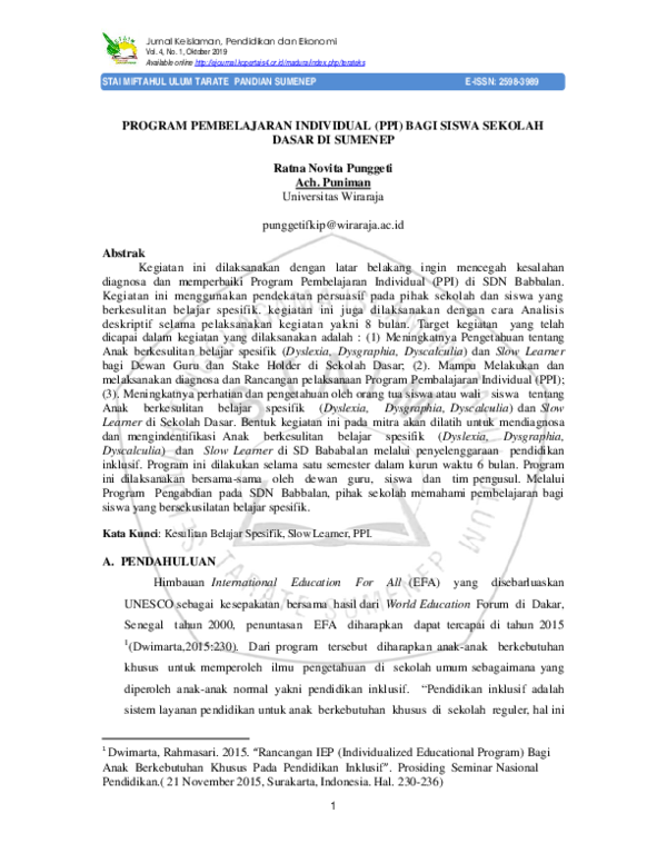 (PDF) PROGRAM PEMBELAJARAN INDIVIDUAL (PPI) BAGI SISWA SEKOLAH DASAR DI ...