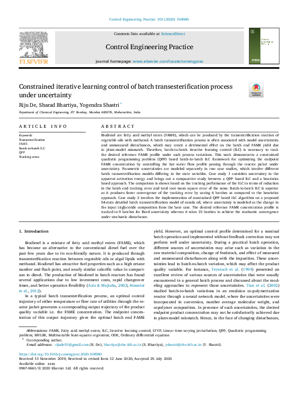Pdf Constrained Iterative Learning Control Of Batch Transesterification Process Under