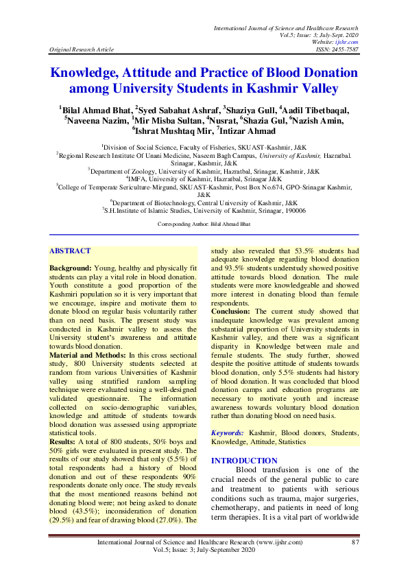 (PDF) Knowledge, Attitude and Practice of Blood Donation among University Students in Kashmir Valley