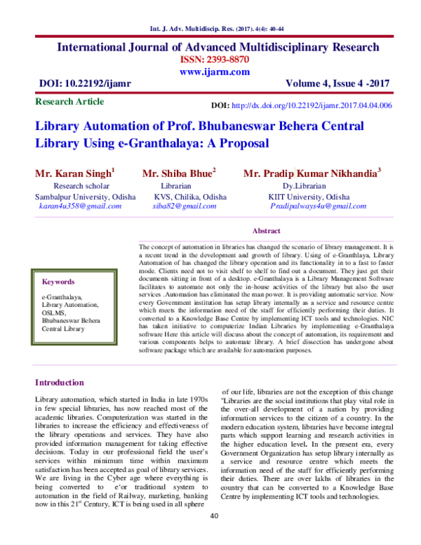 (PDF) Library Automation of Prof. Bhubaneswar Behera Central Library Using e-Granthalaya: A Proposal