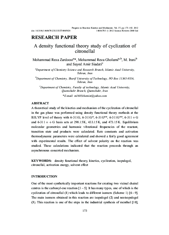 (PDF) A density functional theory study of cyclization of citronellal