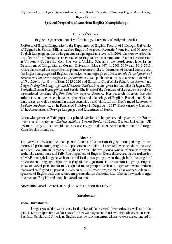 (PDF) Spectral Properties of American English Monophthongs (PDF) Spectral Properties of American English Monophthongs