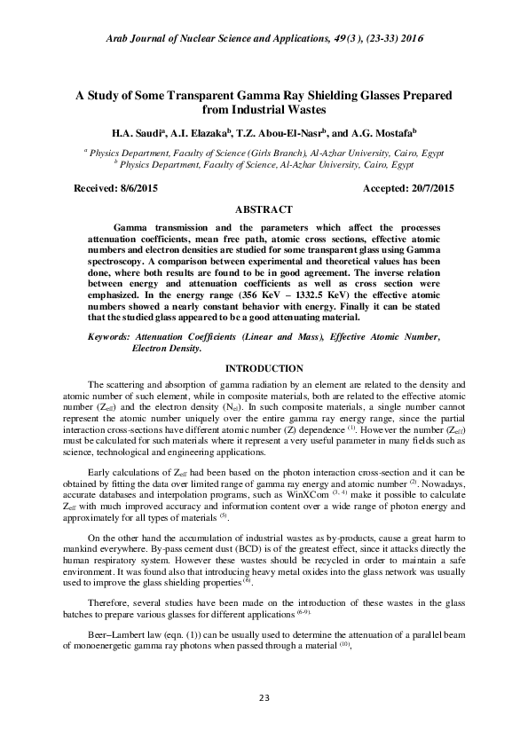 (PDF) A Study of Some Transparent Gamma Ray Shielding Glasses Prepared ...