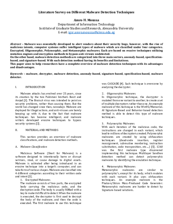 Pdf Literature Survey On Different Malware Detection Techniques