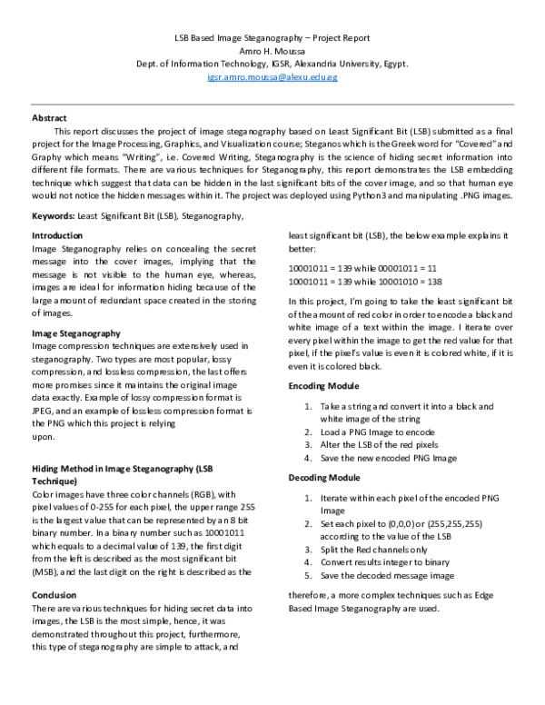(PDF) LSB Based Image Steganography -Project Report