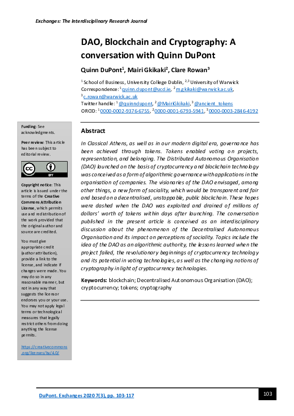 (PDF) DAO, Blockchain and Cryptography: A conversation with Quinn DuPont