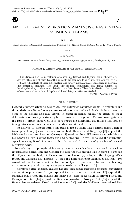 Pdf Finite Element Vibration Analysis Of Rotating Timoshenko Beams