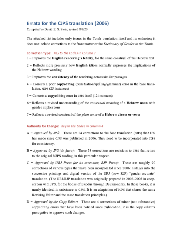 (PDF) Errata for the CJPS Translation of the Torah (2006)