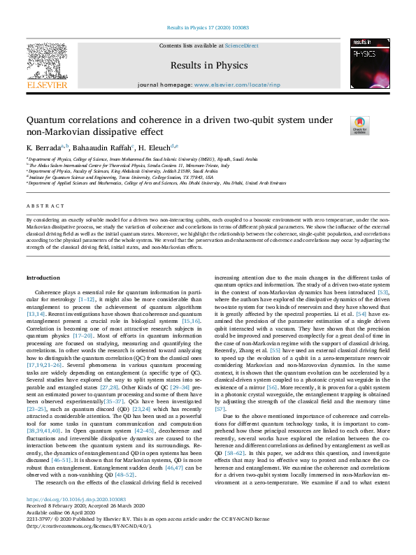 (PDF) Quantum correlations and coherence in a driven two-qubit system under non-Markovian ...