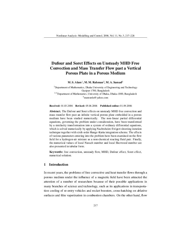 (PDF) Dufour and Soret Effects on Unsteady MHD Free Convection and Mass ...