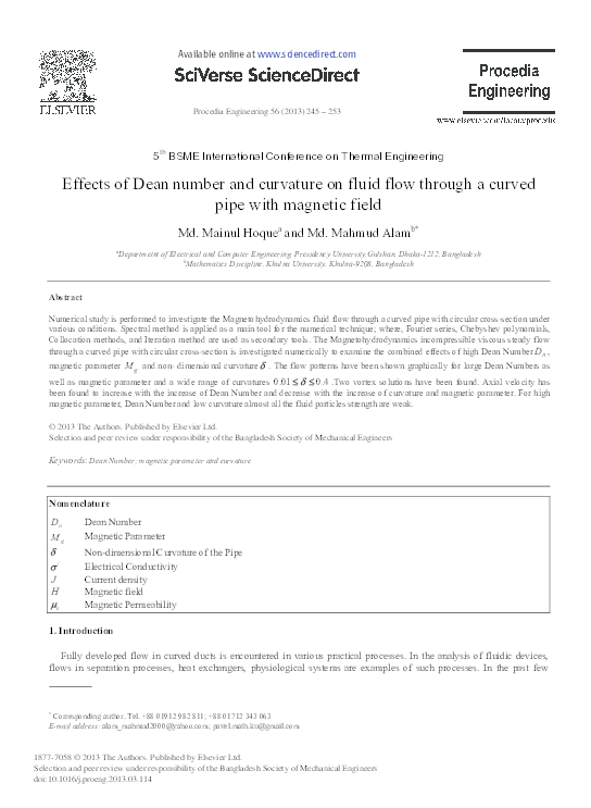 (PDF) Effects of Dean Number and Curvature on Fluid Flow through a ...
