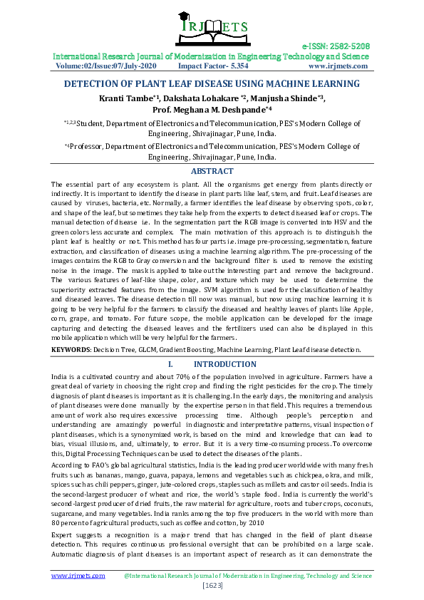 (PDF) DETECTION OF PLANT LEAF DISEASE USING MACHINE LEARNING