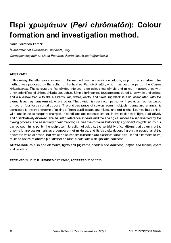 (PDF) Περὶ χρωμάτων (Peri chrōmatōn): Colour formation and ...