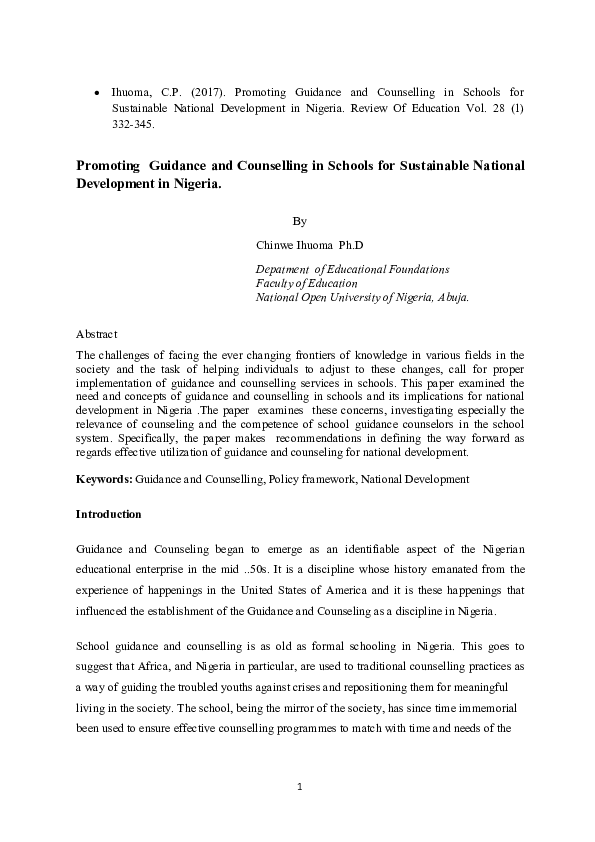 (PDF) Promoting Guidance and Counselling in Schools for Sustainable ...