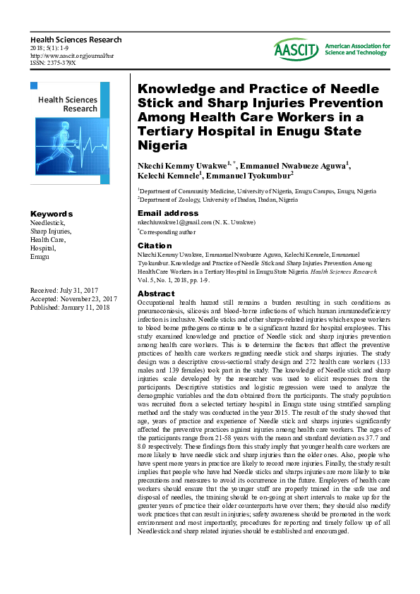 (PDF) Knowledge and Practice of Needle Stick and Sharp Injuries ...