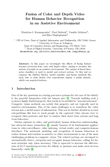 (PDF) Fusion of Color and Depth Video for Human Behavior Recognition in an Assistive Environment