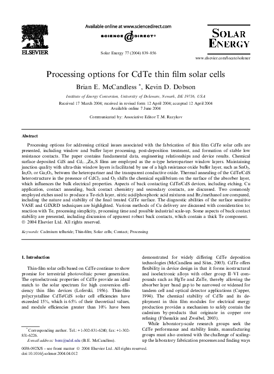 (PDF) Processing options for CdTe thin film solar cells