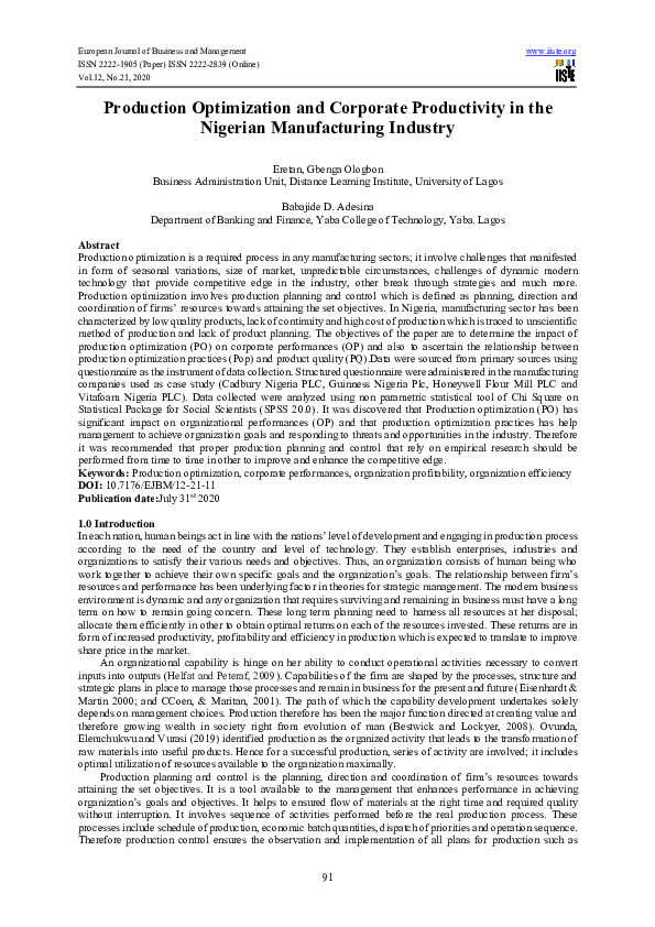 (PDF) Production Optimization and Corporate Productivity in the ...