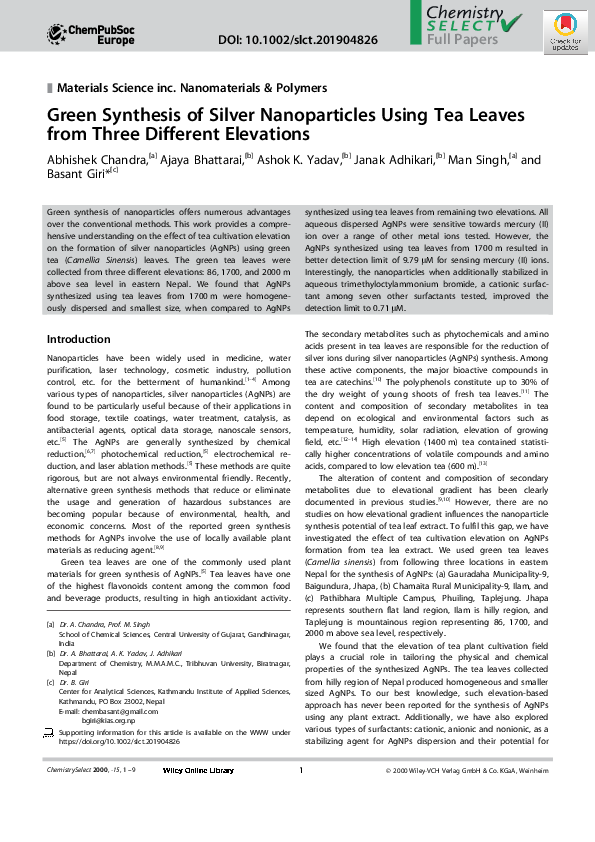 (PDF) Green Synthesis of Silver Nanoparticles Using Tea Leaves from ...