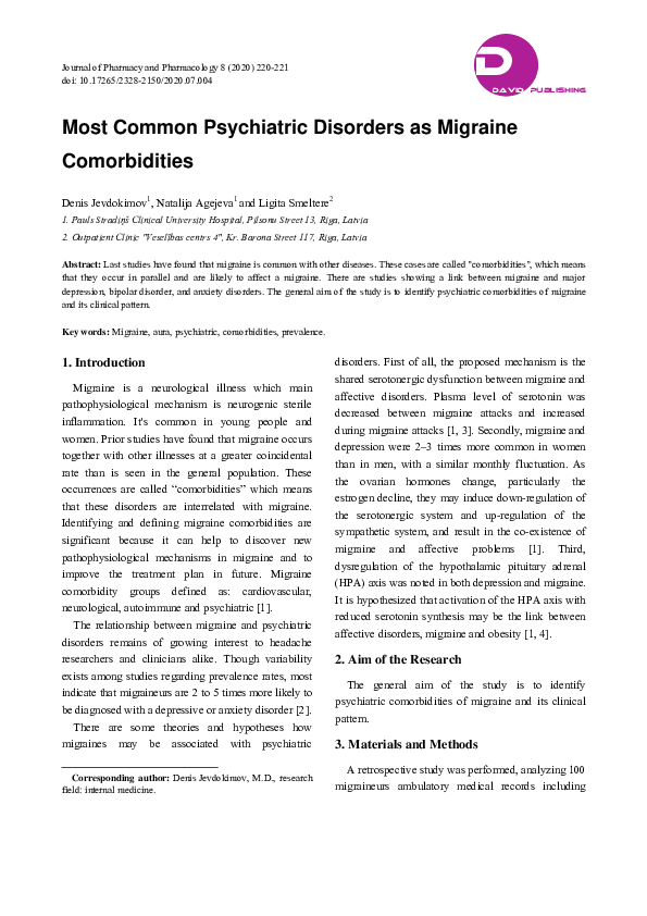 (PDF) Most Common Psychiatric Disorders as Migraine Comorbidities