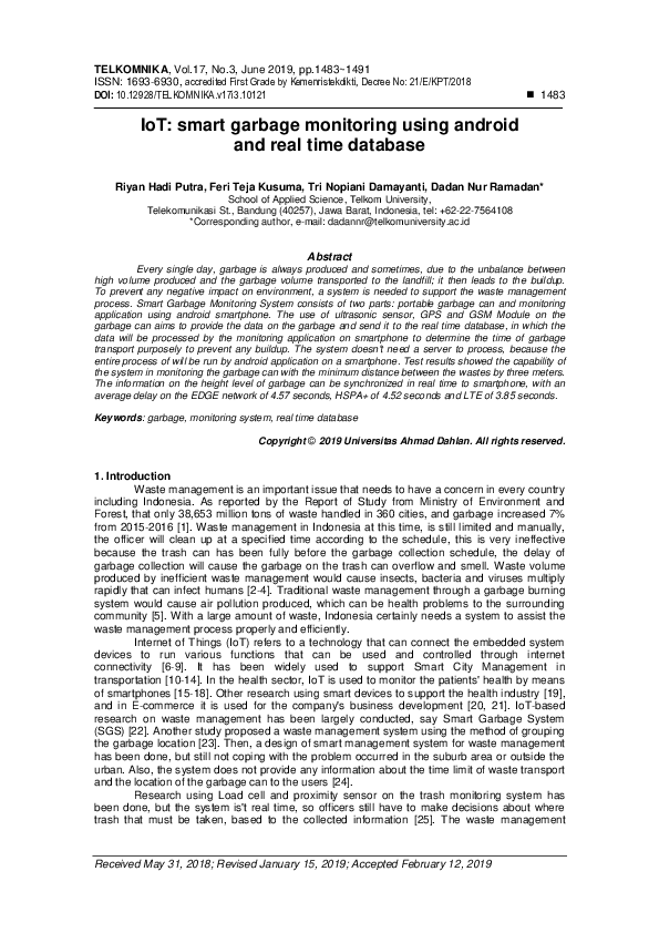 Pdf Iot Smart Garbage Monitoring Using Android And Real Time Database 8721
