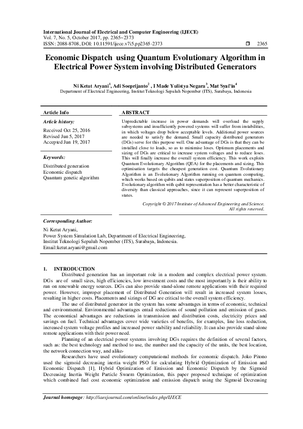 (PDF) Economic Dispatch using Quantum Evolutionary Algorithm in Electrical Power System ...