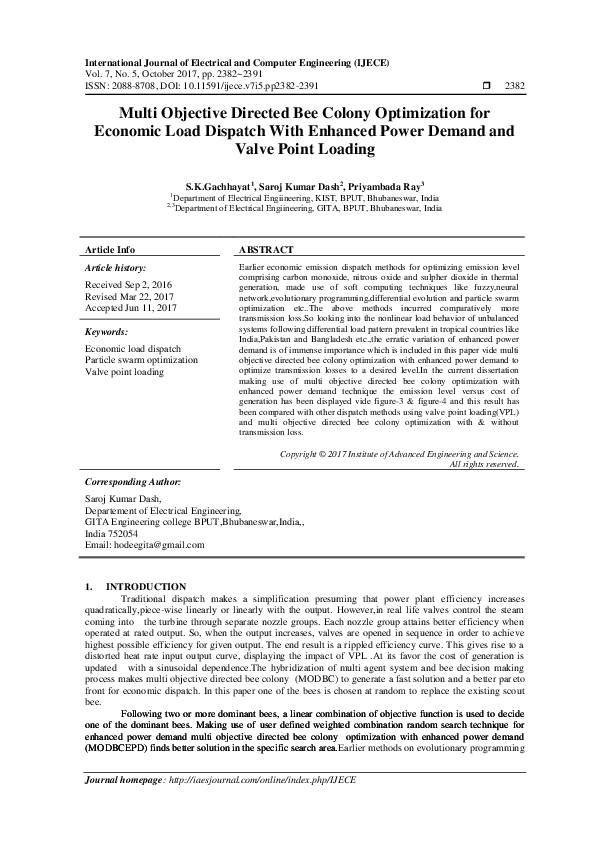 (PDF) Multi Objective Directed Bee Colony Optimization for Economic Load Dispatch With Enhanced ...