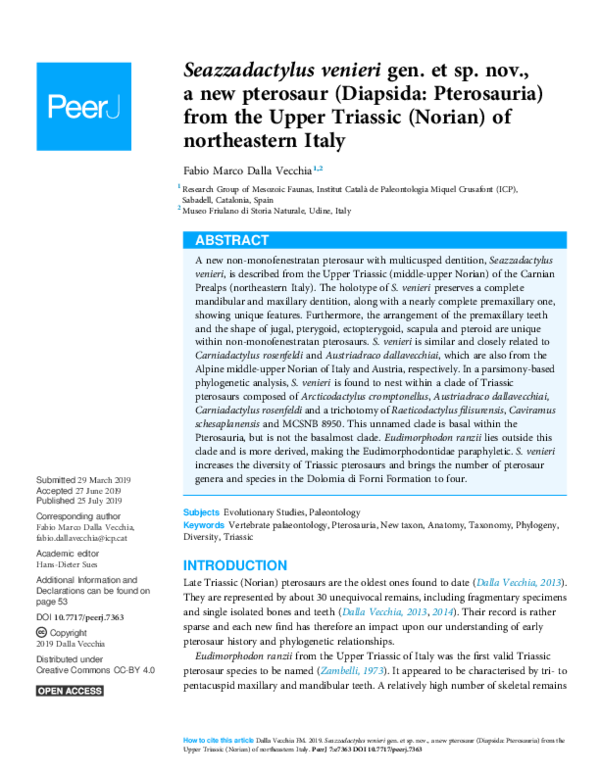 (PDF) Seazzadactylus venieri gen. et sp. nov., a new pterosaur ...