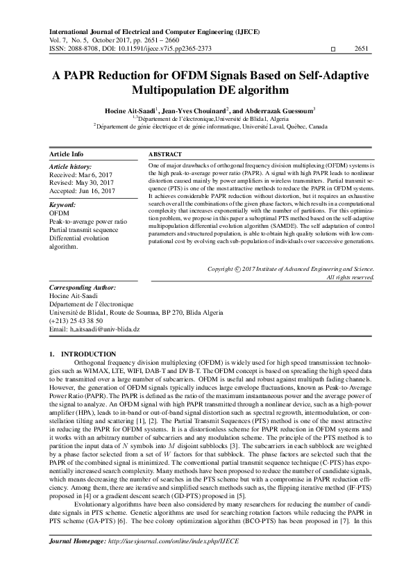 Pdf A Papr Reduction For Ofdm Signals Based On Self Adaptive Multipopulation De Algorithm