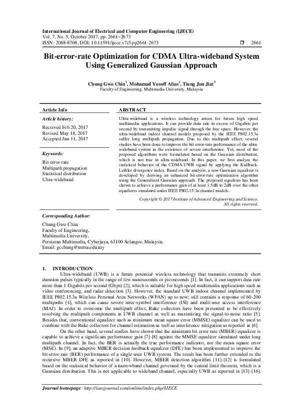 Pdf Bit Error Rate Optimization For Cdma Ultra Wideband System Using Generalized Gaussian Approach