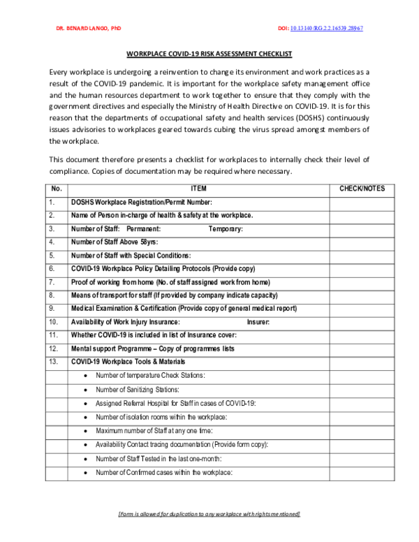 (PDF) WORKPLACE COVID-19 RISK ASSESSMENT CHECKLIST