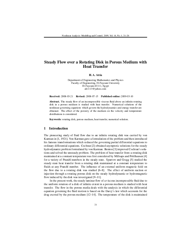 (PDF) Steady Flow over a Rotating Disk in Porous Medium with Heat Transfer