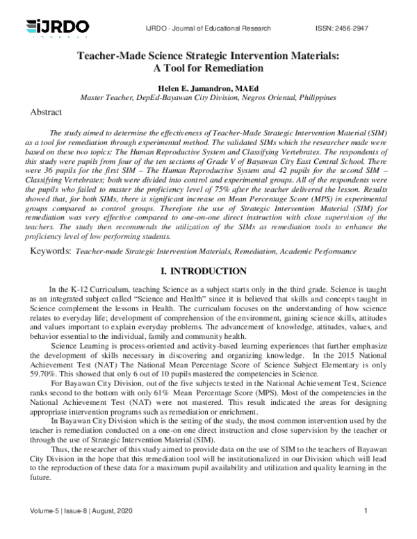 (PDF) Teacher-Made Science Strategic Intervention Materials: A Tool for ...