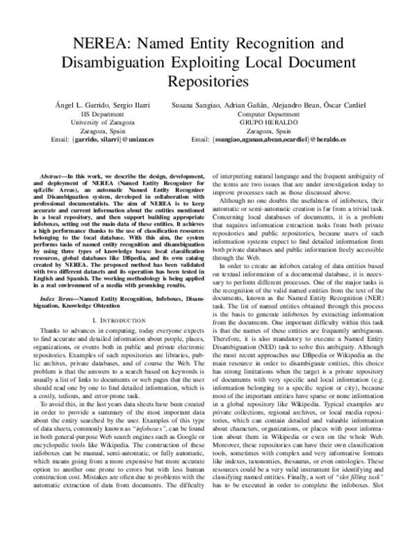 Pdf Nerea Named Entity Recognition And Disambiguation Exploiting Local Document Repositorieś