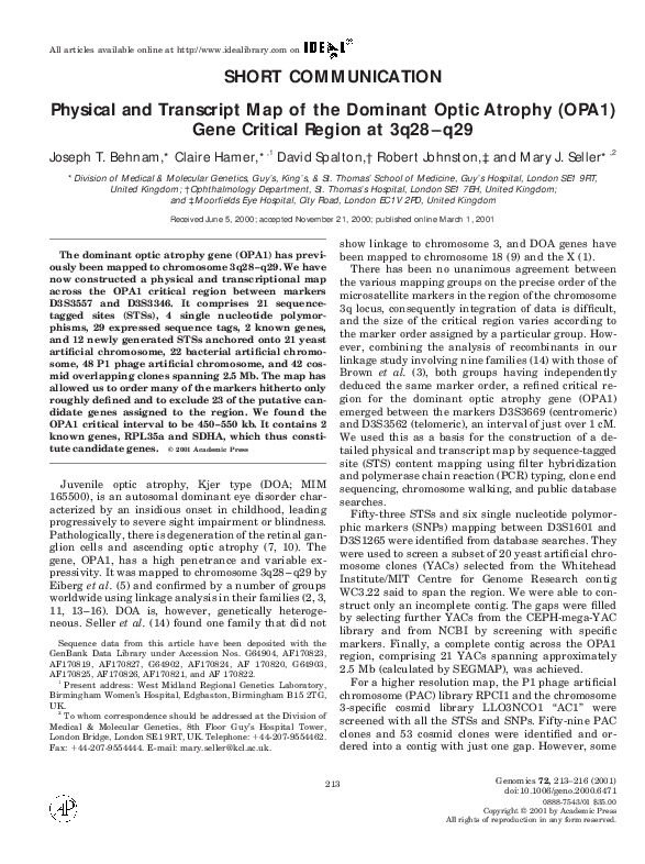 (PDF) Physical and Transcript Map of the Dominant Optic Atrophy (OPA1 ...
