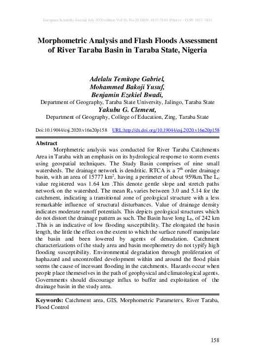 (PDF) Morphometric Analysis and Flash Floods Assessment of River Taraba ...