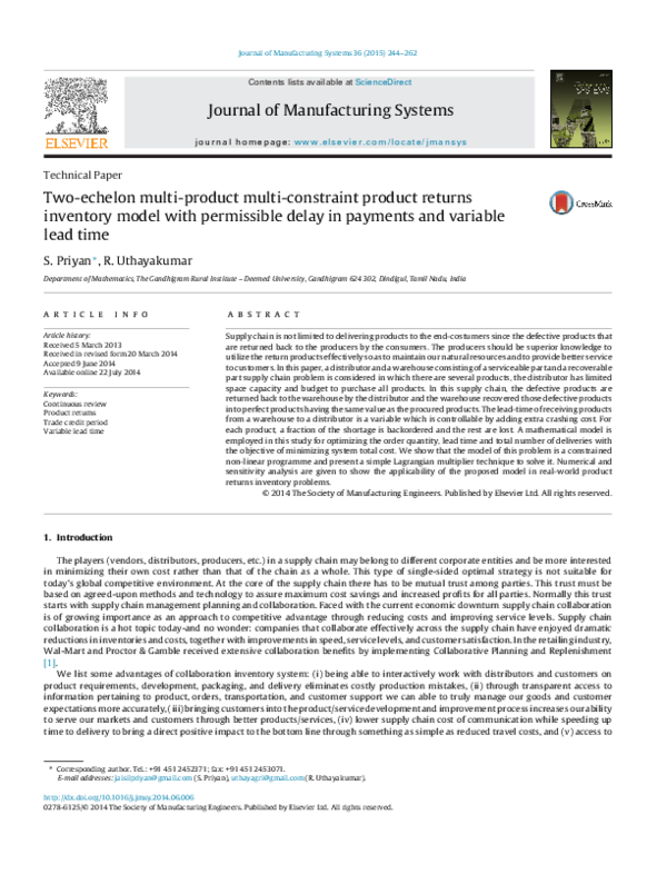 (PDF) Two-echelon multi-product multi-constraint product returns inventory model with ...