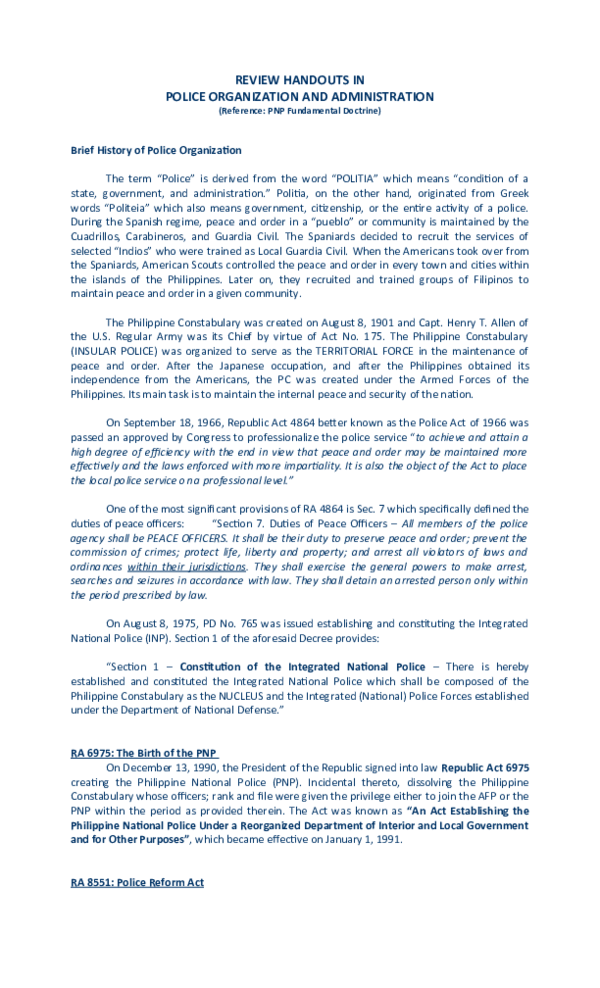 (DOC) REVIEW HANDOUTS IN POLICE ORGANIZATION AND ADMINISTRATION ...